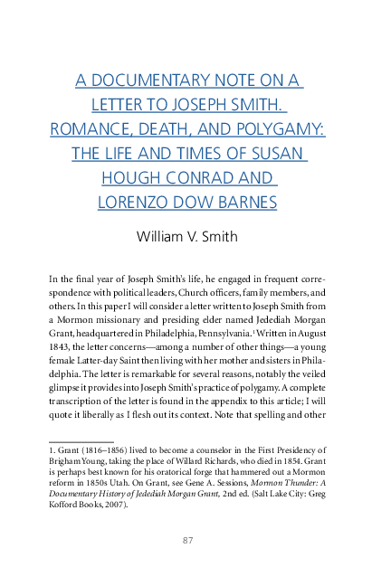 (PDF) A Documentary Note on a Letter to Joseph Smith. Romance, Death ...