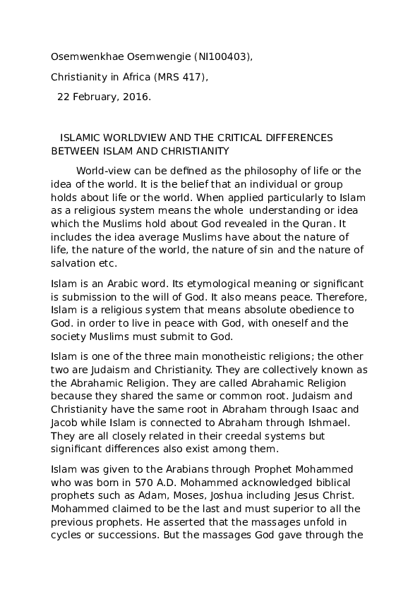 (DOC) ASSIGNMENT ON ISLAM AND CHRISTIANITY000