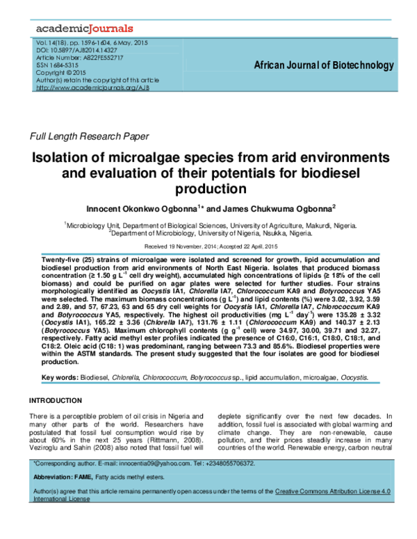 (PDF) Isolation of microalgae species from arid environments and evaluation of their potentials ...