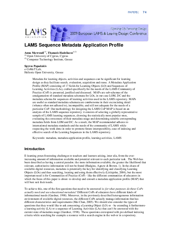 (PDF) LAMS Sequence Metadata Application Profile