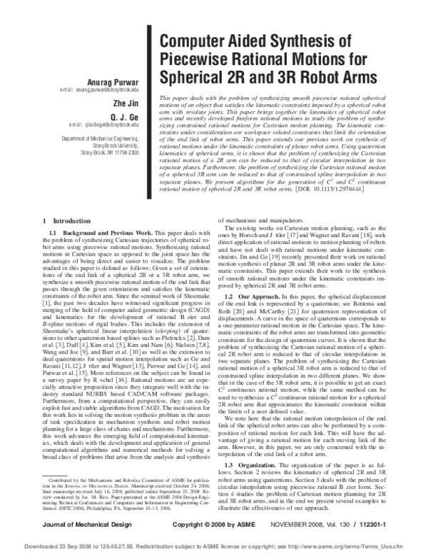 (PDF) Computer Aided Synthesis of Piecewise Rational Motions for Spherical 2R and 3R Robot Arms