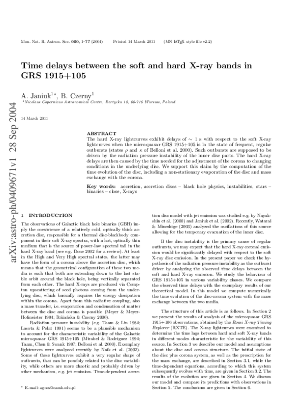 Pdf Time Delays Between The Soft And Hard X Ray Bands In Grs 1915 105