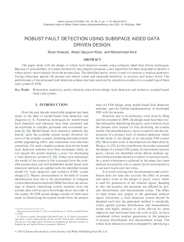 (PDF) Robust Fault Detection Using Subspace Aided Data Driven Design