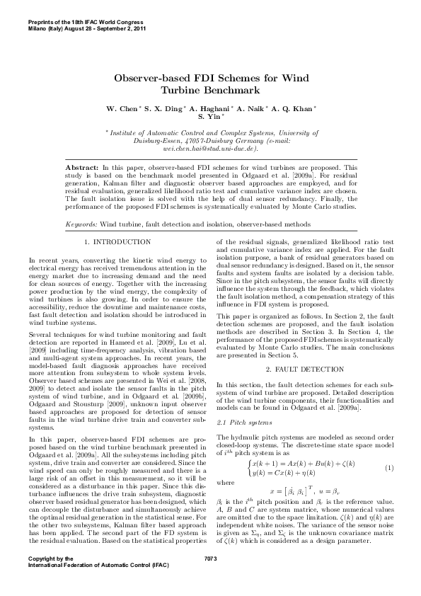 (PDF) Observer-Based FDI Schemes for Wind Turbine Benchmark