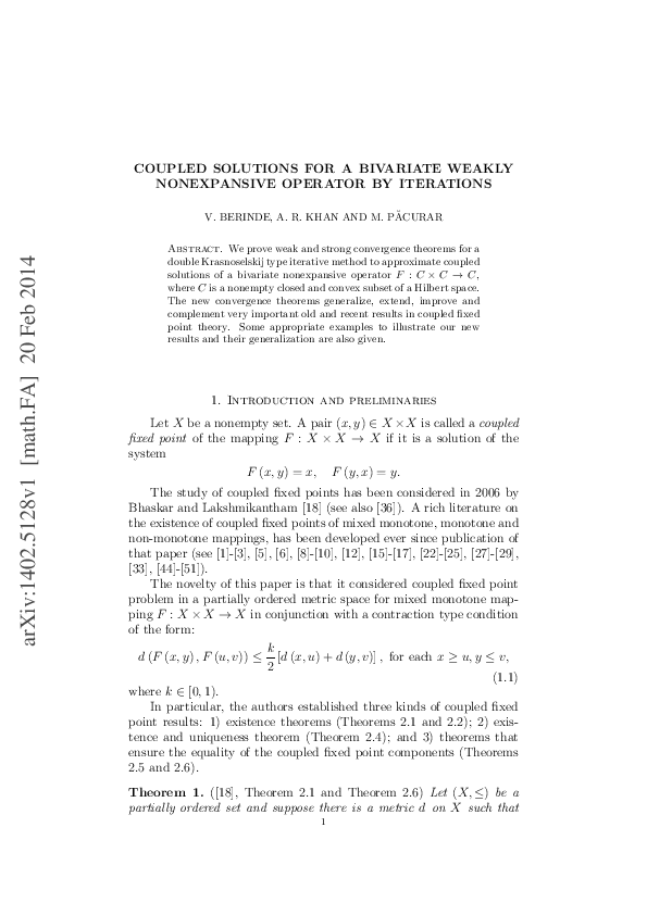 (PDF) Coupled solutions for a bivariate weakly nonexpansive operator by iterations | Abdul ...