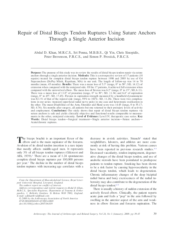 (PDF) Repair of Distal Biceps Tendon Ruptures Using Suture Anchors ...