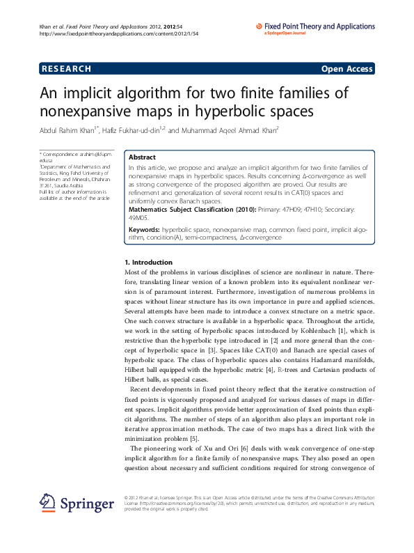 (PDF) An implicit algorithm for two finite families of nonexpansive maps in hyperbolic spaces