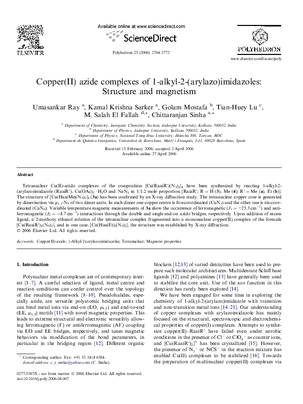 (PDF) Copper(II) azide complexes of 1-alkyl-2-(arylazo)imidazoles: Structure and magnetism