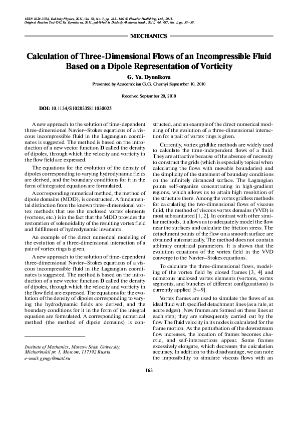 (PDF) Calculation of three-dimensional flows of an incompressible fluid based on a dipole ...