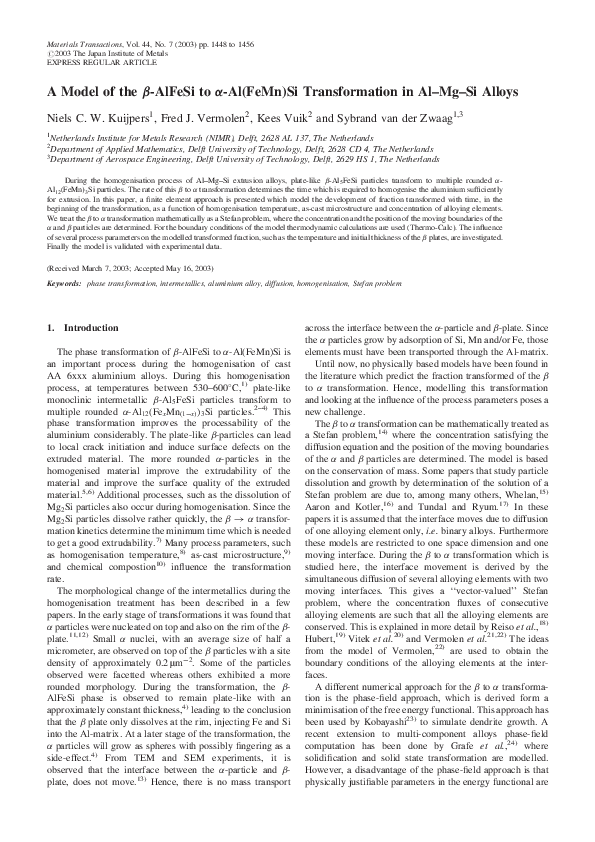 (PDF) A Model of the .BETA.-AlFeSi to .ALPHA.-Al(FeMn)Si Transformation ...