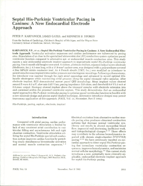 (PDF) Septal His-Purkinje Ventricular Pacing in Canines: A New ...