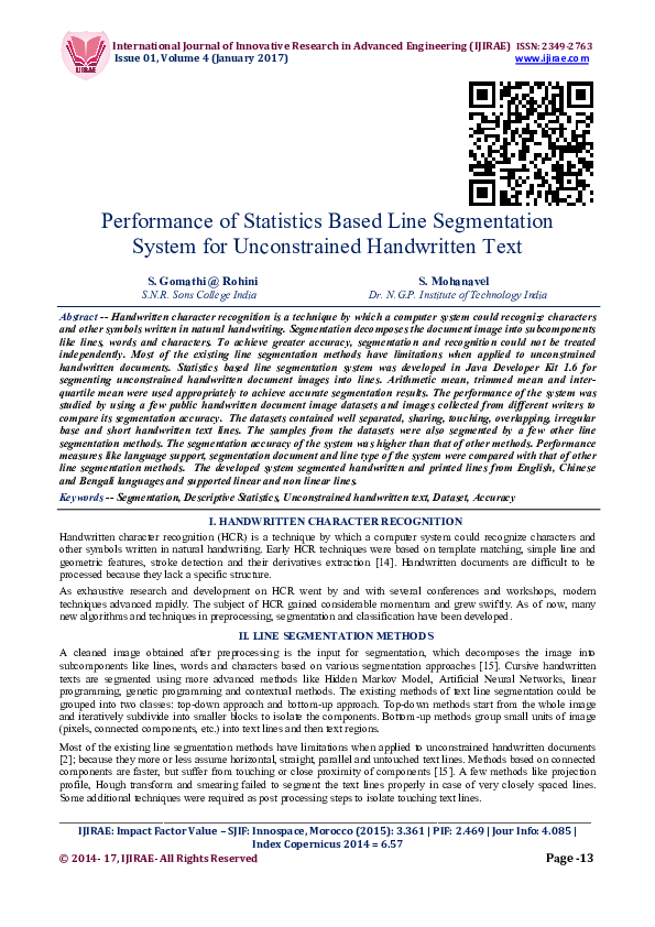 Pdf Performance Of Statistics Based Line Segmentation System For Unconstrained Handwritten Text