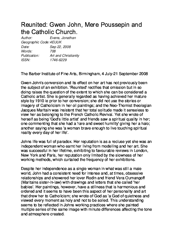 (PDF) Reunited: Gwen John, Mere Poussepin and the Catholic Church