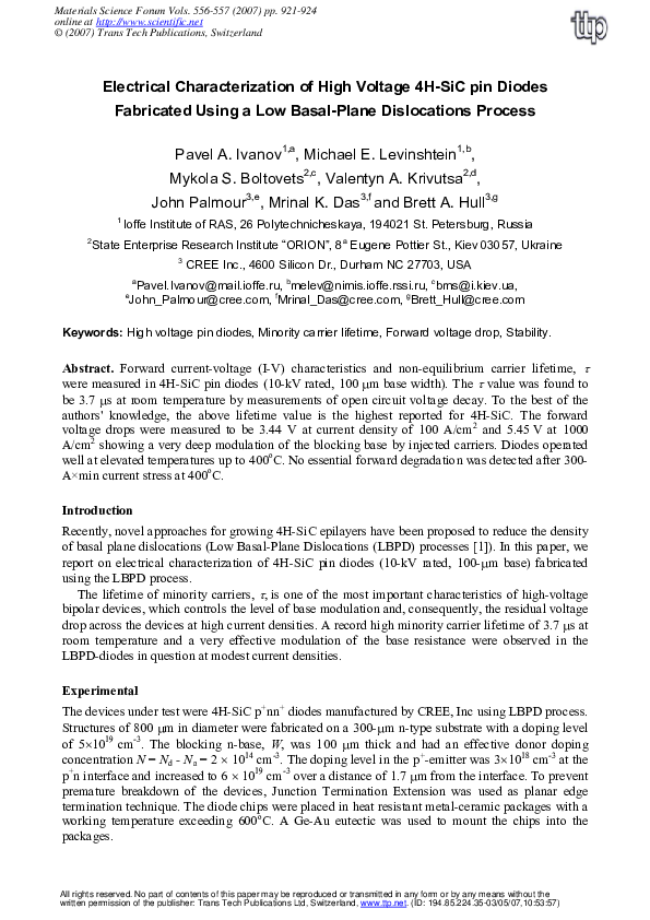 (PDF) Electrical Characterization of High Voltage 4H-SiC pin Diodes Fabricated Using a Low Basal ...