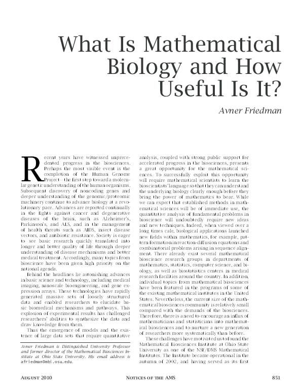 (PDF) What Is Mathematical Biology and How Useful Is It