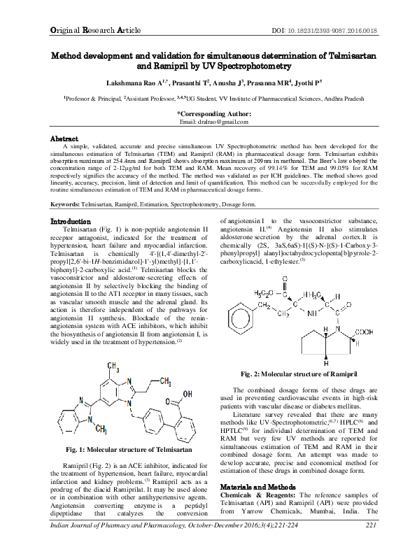 Pdf Method Development And Validation For Simultaneous Determination Of Telmisartan And