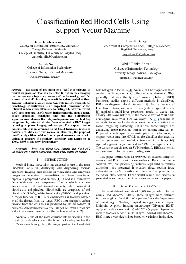 (PDF) Extreme learning machine based microscopic red blood cells classification | Zahra Sobhani ...