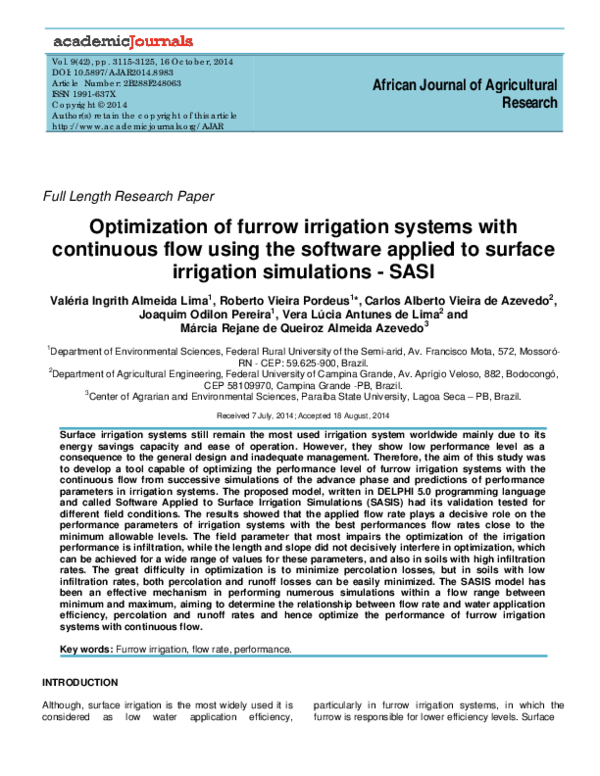 Pdf Optimization Of Furrow Irrigation Systems With Continuous Flow Using The Software Applied