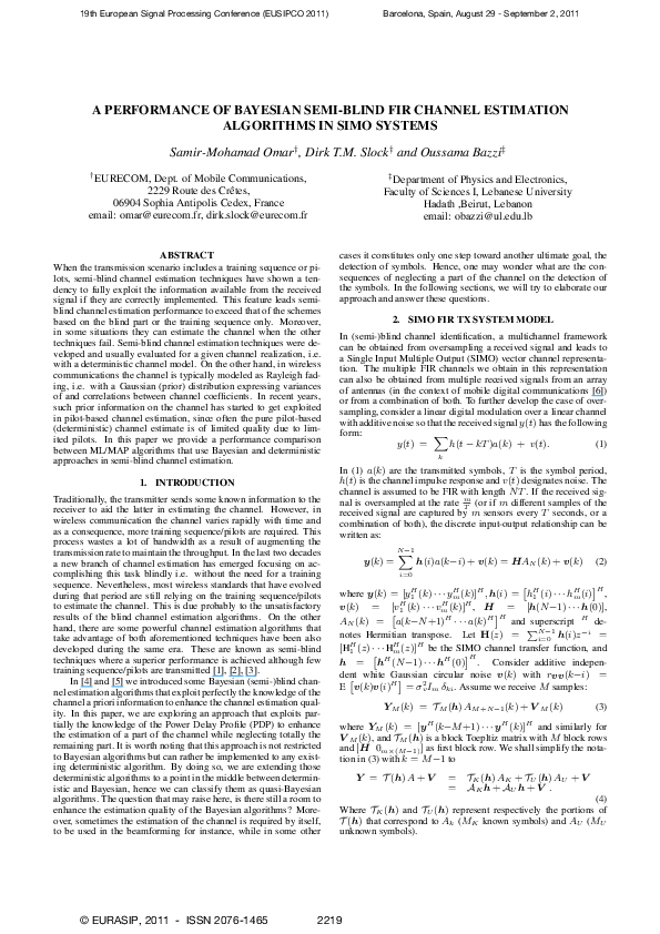 (PDF) Bayesian semi-blind FIR channel estimation algorithms in SIMO systems