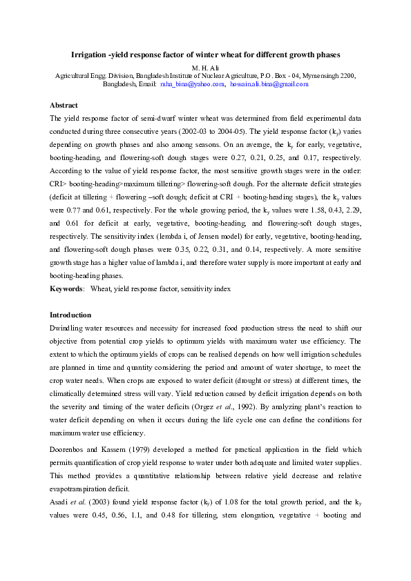 (PDF) Irrigation -yield response factor of winter wheat for different ...