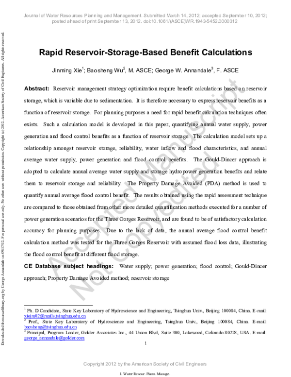 (PDF) Rapid Reservoir Storage–Based Benefit Calculations