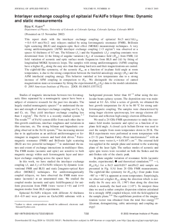 (PDF) Interlayer exchange coupling of epitaxial Fe/Al/Fe trilayer films: Dynamic and static ...