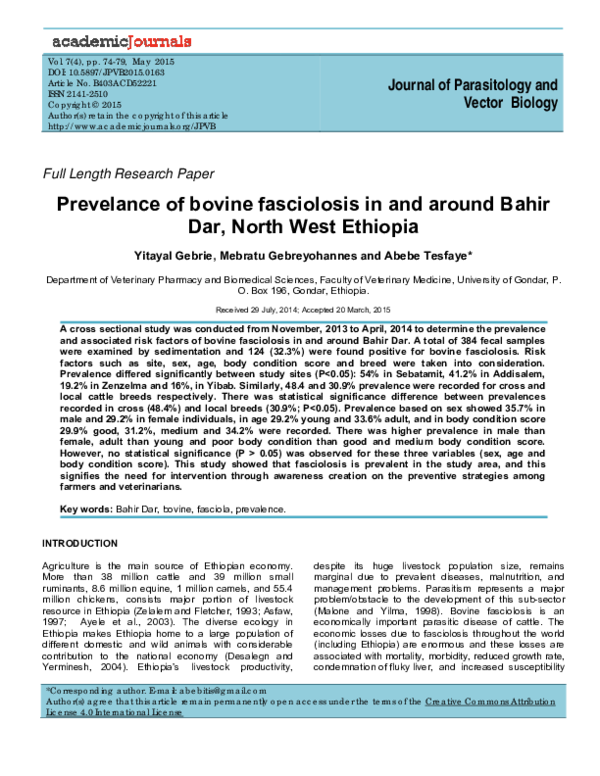 (PDF) Prevelance of bovine fasciolosis in and around Bahir Dar, North ...