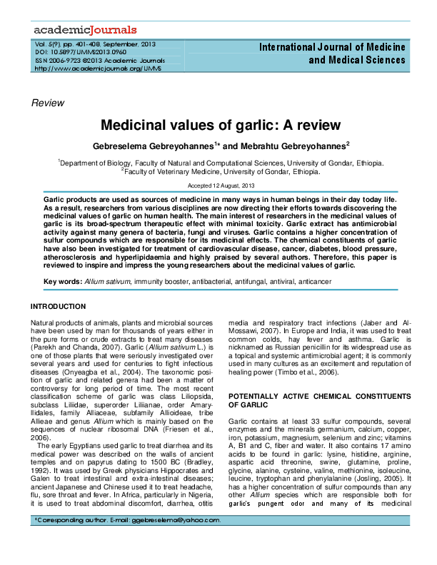 (PDF) Medicinal Values of Garlic: Review