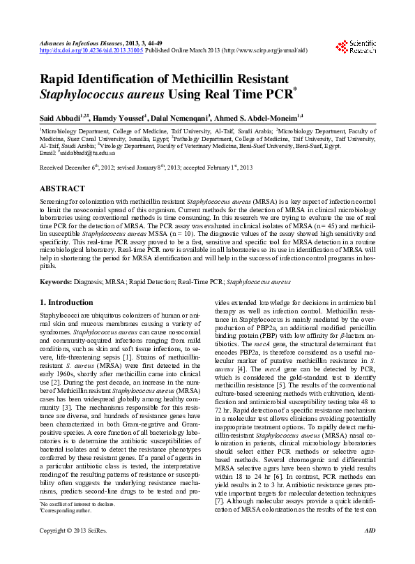 Pdf Rapid Identification Of Methicillin Resistant Staphylococcus Aureus Using Real Time Pcr
