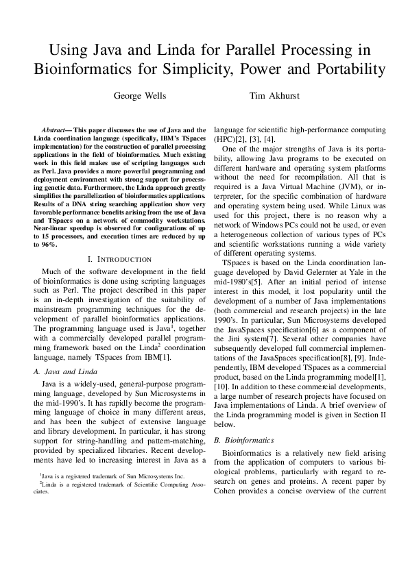 (PDF) Using Java and Linda for Parallel Processing in Bioinformatics ...