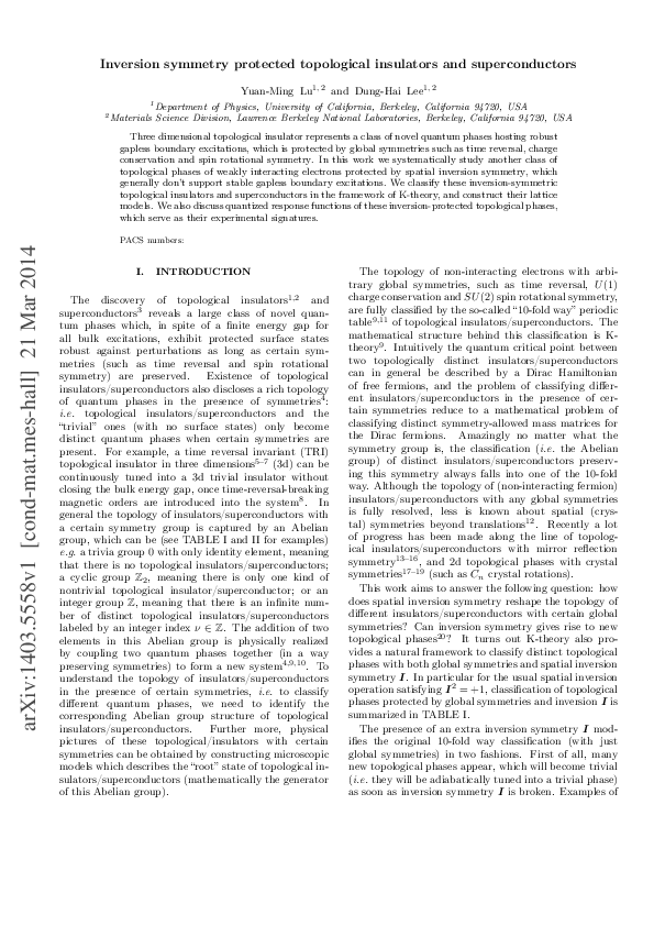 (PDF) Inversion symmetry protected topological insulators and superconductors