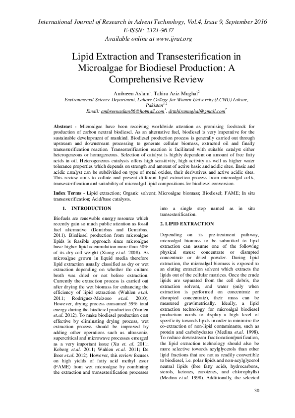 (PDF) Lipid Extraction and Transesterification in Microalgae for Biodiesel Production: A ...