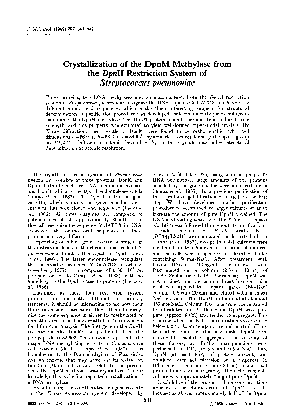 (PDF) Crystallization of the DpnM methylase from the DpnII restriction ...