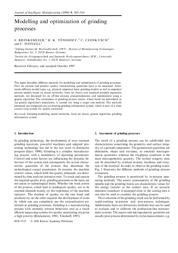 (PDF) Modelling and optimization of grinding processes