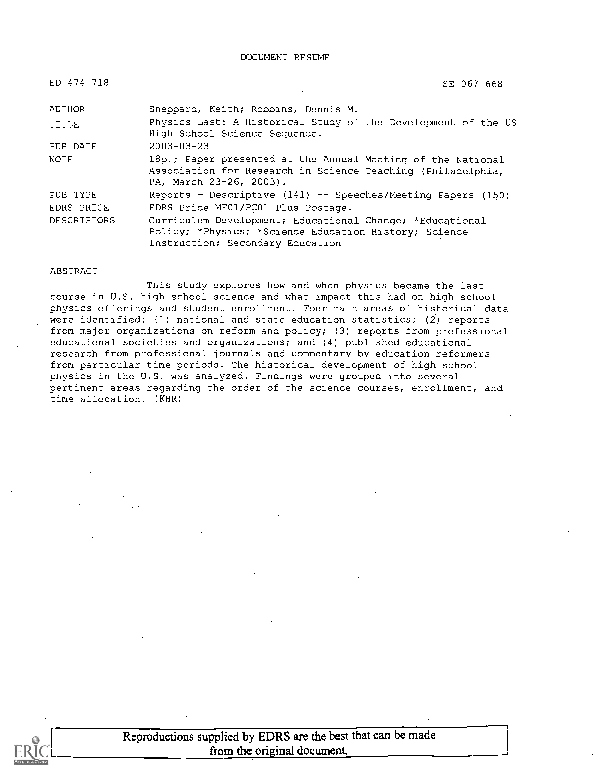 (PDF) Physics Last: A Historical Study of the Development of the US ...