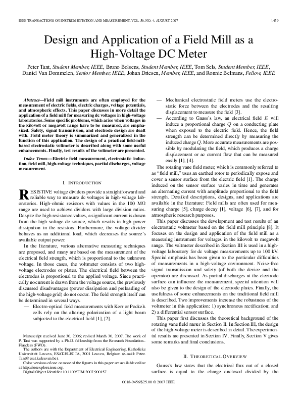 (PDF) Design and Application of a Field Mill as a High-Voltage DC Meter