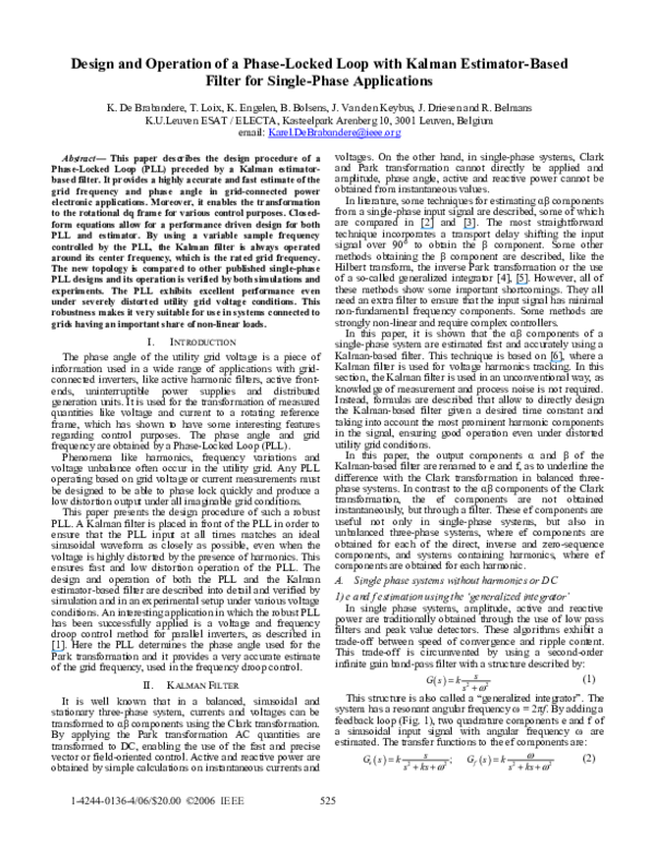 Pdf Design And Operation Of A Phase Locked Loop With Kalman Estimator Based Filter For Single