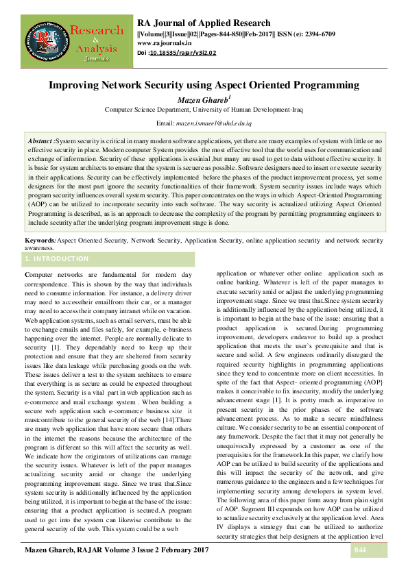 Pdf Improving Network Security Using Aspect Oriented Programming Mazenismaeel Ghareb And
