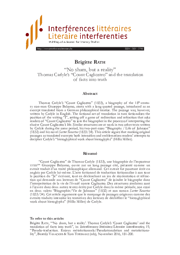 (PDF) “No sham, but a reality” Thomas Carlyle’s “Count Cagliostro” and ...