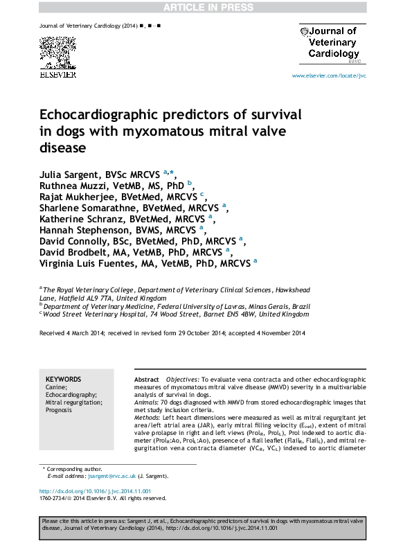(PDF) Echocardiographic predictors of survival in dogs with myxomatous ...