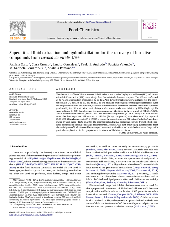 (PDF) Supercritical fluid extraction and hydrodistillation for the recovery of bioactive ...