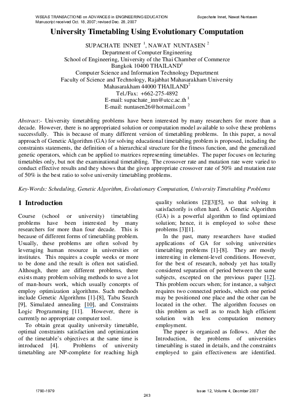 (PDF) University Timetabling Using Evolutionary Computation