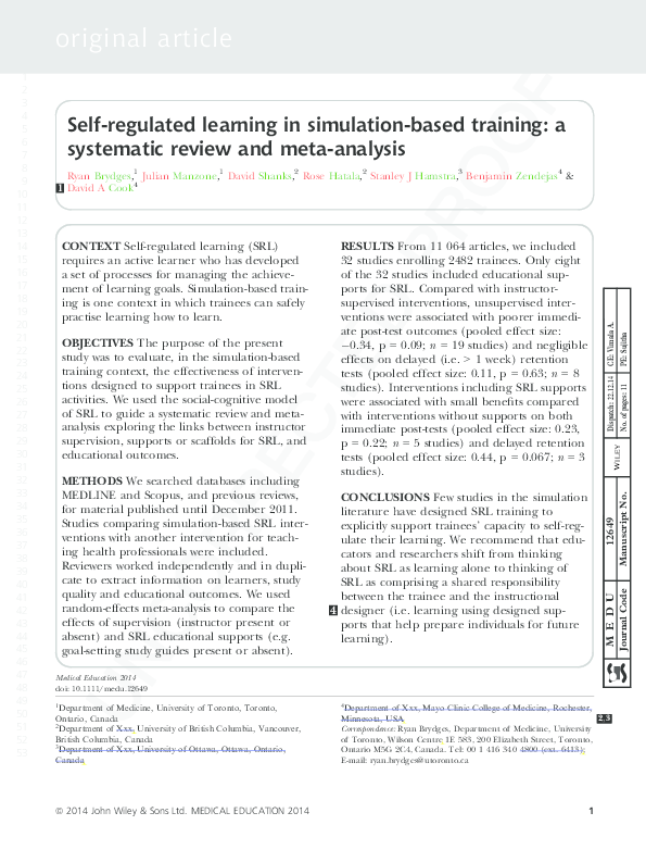 (PDF) Self-regulated learning in simulation-based training: a systematic review and meta-analysis