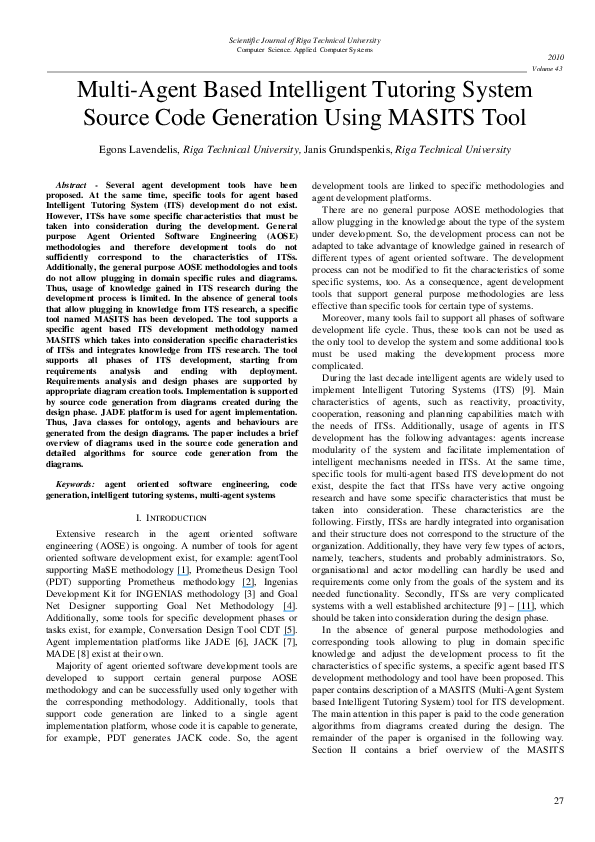 (PDF) Multi-Agent Based Intelligent Tutoring System Source Code Generation Using MASITS Tool