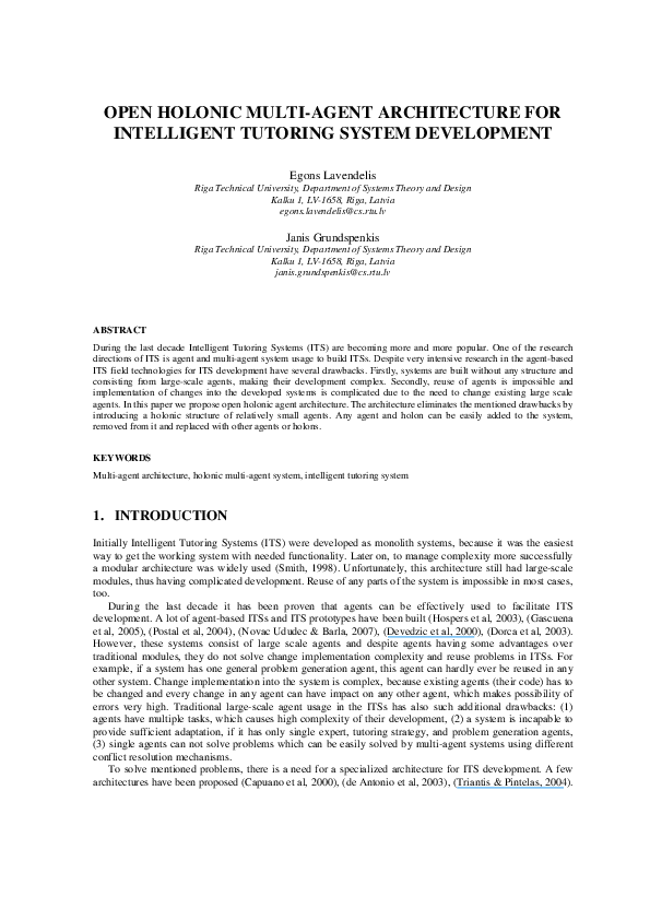 (PDF) Open Holonic Multi-Agent Architecture for Intelligent Tutoring System Development