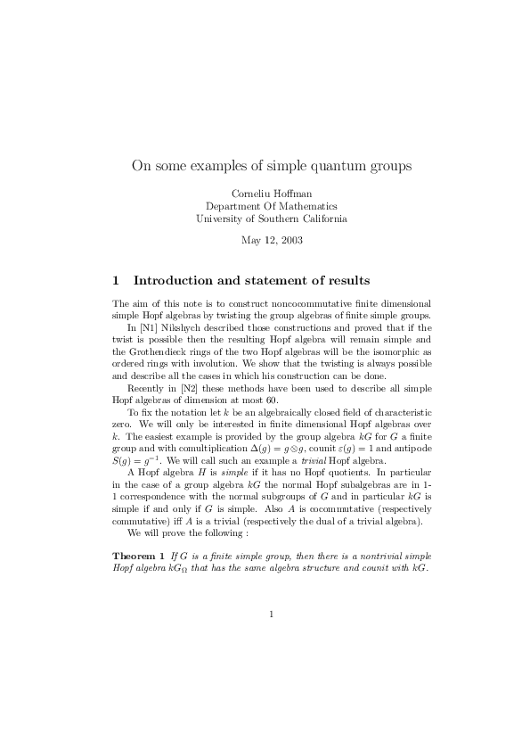 (PDF) On some examples of simple quantum groups