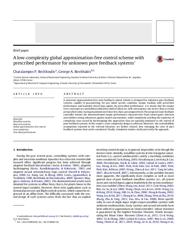 Pdf A Low Complexity Global Approximation Free Control Scheme With Prescribed Performance For