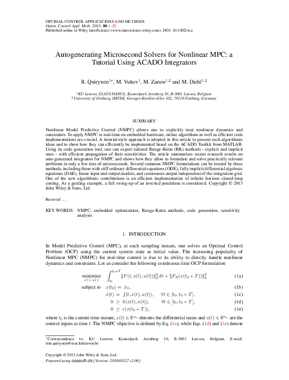(PDF) Autogenerating microsecond solvers for nonlinear MPC: A tutorial using ACADO integrators
