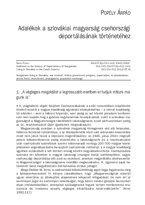 (PDF) Popély Árpád: Adalékok a szlovákiai magyarság csehországi ...