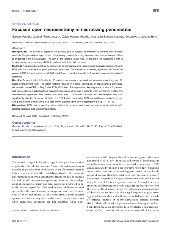 (PDF) Focused open necrosectomy in necrotizing pancreatitis